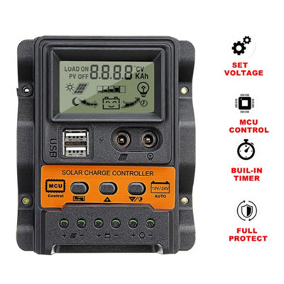 30A Battery Charge Controller 12V/24V LCD Regulator Dual USB PWM Solar Panel