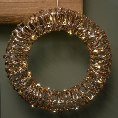 30cm Battery Operated Light up Gold Glitter Twist Christmas Wreath with ...