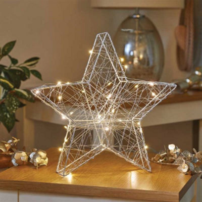 30cm Battery Operated Silver Woven Mesh Christmas Star Decoration with ...