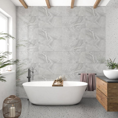 30cm x 60cm Ocean Marble Effect Glossy Grey Wall and Floor Tiles Pack ...
