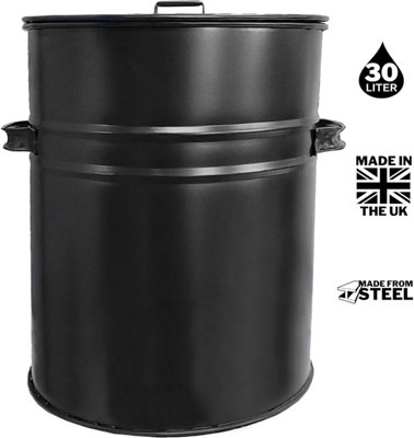 30L Ash Bin Bucket Carrier with Lid for Fireplaces - Metal Ash Bin - Black