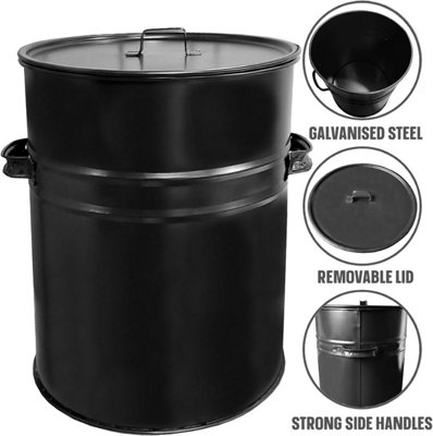 30L Ash Bin Bucket Carrier with Lid for Fireplaces - Metal Ash Bin - Black
