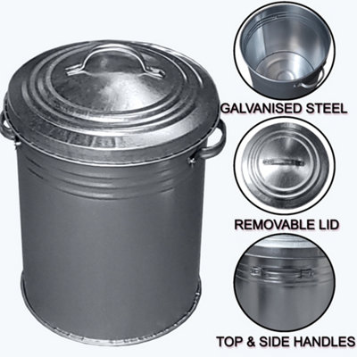 30L Steel Bin with Lid - Smooth Sided Strong Metal Ash Bin Log Bin or ...