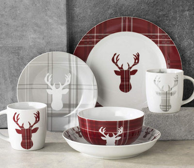 30pc Highland Stag Christmas Dinnerware Set - Red, Grey & White Dinner ...