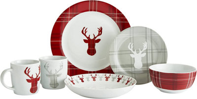 30pc Highland Stag Christmas Dinnerware Set - Red, Grey & White Dinner ...