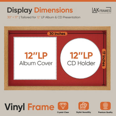 30x17" Oak Modern Vinyl Record Frame With Crimson Mount For 12 Inch LP ...