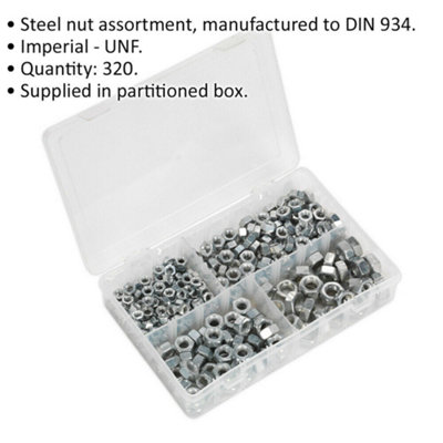320 Piece Steel Nut Assortment - 1/4" to 1/2" UNF - Partitioned Storage Box