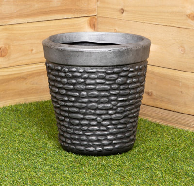 32cm Grey Pewter Pebble Effect Garden Patio Plant Pot Planter