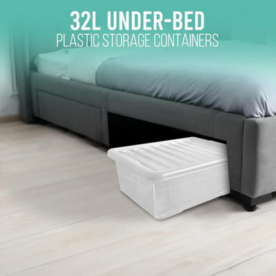 32L Underbed BPA Free Plastic Storage Boxes With Lids Set of 4, Stackable, Clear