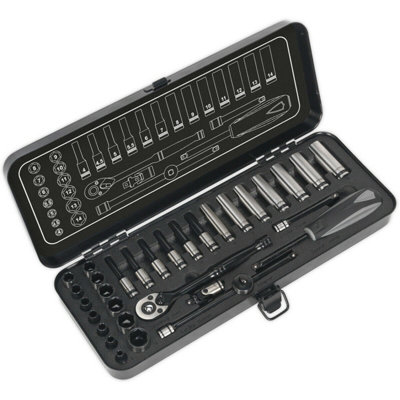 32pc BLACK SERIES Deep Socket & Ratchet Handle Set -1/4" Sq Drive 6 Point Metric | DIY at B&Q