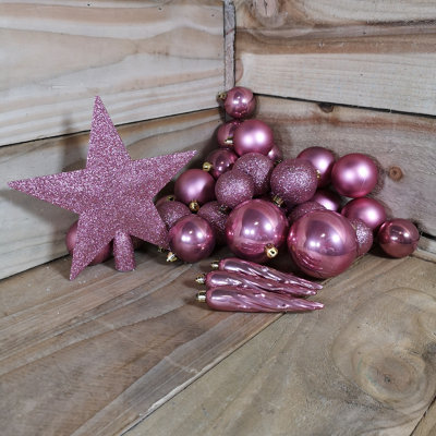 33 Assorted Shatterproof Christmas Baubles With Star Tree Topper - Pink ...
