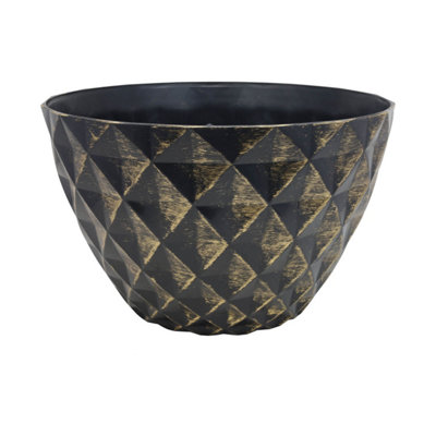33cm Pot Diamond Planter Black With Gold Brush Round Plastic Plant ...