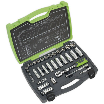 34pc PREMIUM Deep Socket & Ratchet Handle Set - 3/8" Square Drive 6 ...