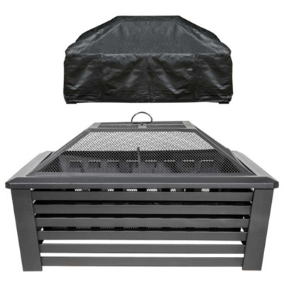 35" Square Outdoor Fire Pit, Mesh Screen Lid, Black with Water ...