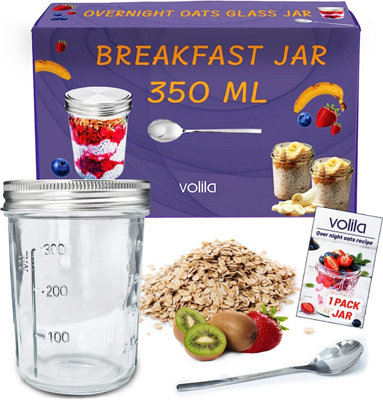 350ml Overnight Oats Jar with Lid & Spoon - Glass Breakfast Jar for ...