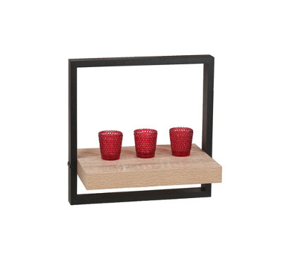 350mm nova framed floating shelf kit, oak effect shelf with black frame
