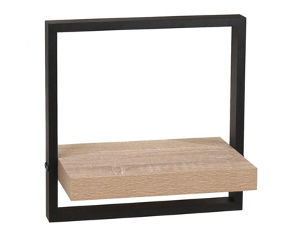 350mm nova framed floating shelf kit, oak effect shelf with black frame