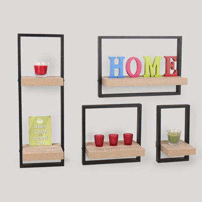 350mm nova framed floating shelf kit, oak effect shelf with black frame