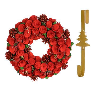 35cm Red Crimson Rose Front Door Christmas Wreath with Tree Wreath Hanger