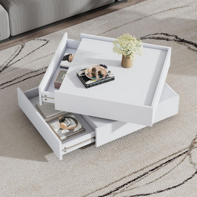 360 Degree Rotating Coffee Table with 2 Drawer, Wooden 2-Tier Center ...