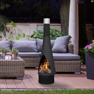 37x127cm Black Steel Round Chiminea Wood Burner - Outdoor Fire Pit and ...