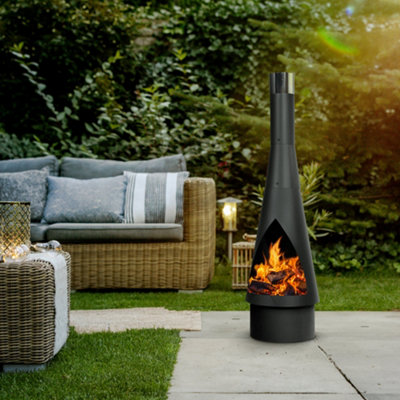 37x127cm Black Steel Round Chiminea Wood Burner - Outdoor Fire Pit and ...
