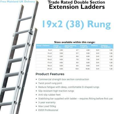 38 Rung Aluminium Double Section Extension Ladder with Stabiliser Feet ...
