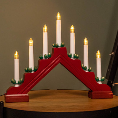 38cm Battery Operated Light up Red Wooden Christmas Candle Bridge with ...