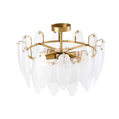 38cm Frosted Glass Feather Ceiling Light with Gold Frame for Various Rooms