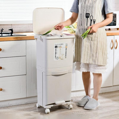 38L Vertical Recycling Bin with Pedal and Wheels Dual Compartments for ...