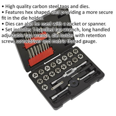 39-Piece Metric Tap and Hex Die Set for M3 to M12 Manual Threading