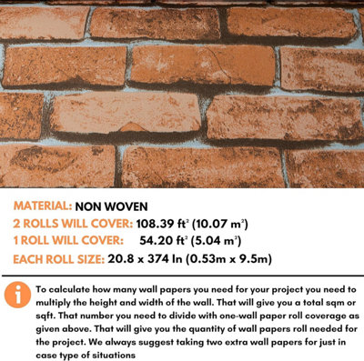 3D Brown Brick Effect Wallpaper Set of 4 Rolls - Covers 216.79 ft² (20. ...