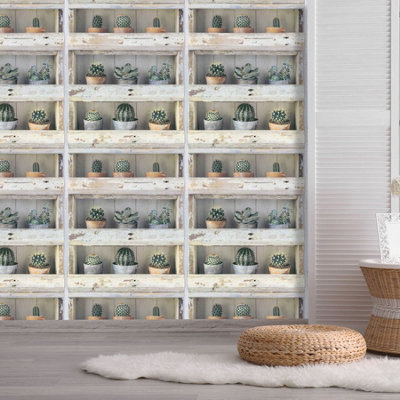 3D Cactus Plant Flower Floral Wood Panel Effect Shelf Wallpaper Luxury ...
