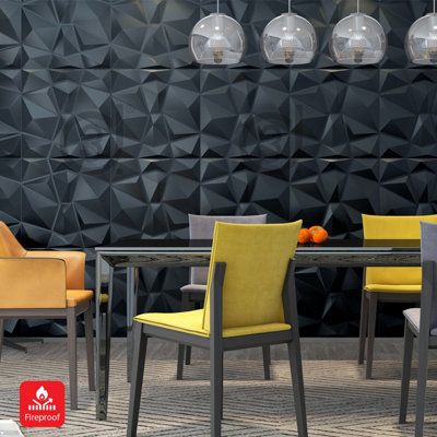 3D PVC Wall Panel Faceted Diamond Design Black Size 500x500x1mm (Pack of 4)