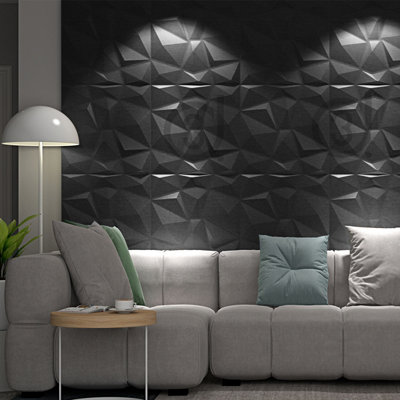 3D PVC Wall Panel Faceted Diamond Design Black Size 500x500x1mm (Pack of 4)