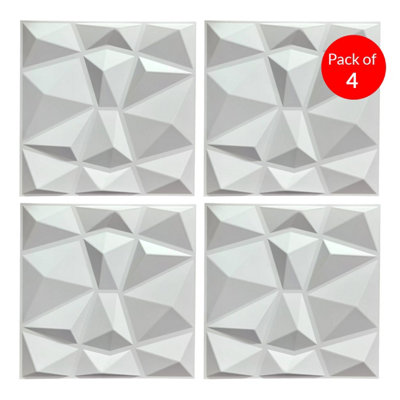 3D PVC Wall Panel Faceted Diamond Design White Size 500x500x1mm (Pack of 4)
