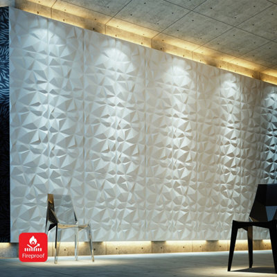 3D PVC Wall Panel Faceted Diamond Design White Size 500x500x1mm (Pack of 4)