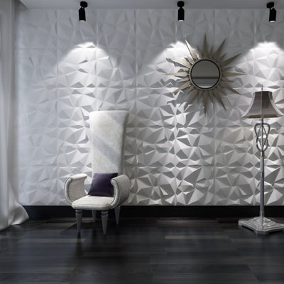 3D PVC Wall Panel Faceted Diamond Design White Size 500x500x1mm (Pack of 4)