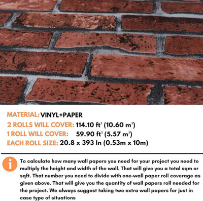 3D Red Brick Effect Wallpaper Set of 4 Rolls - Covers 239.60 ft² (22.26 ...
