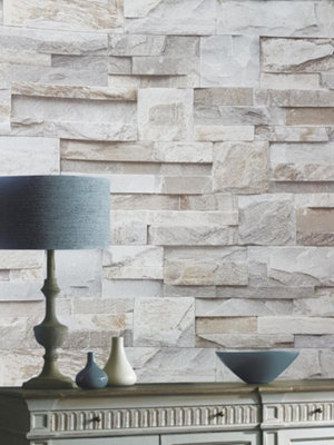 3D Slate Stone Brick Effect Wallpaper Grey Beige Realistic Textured Vintage