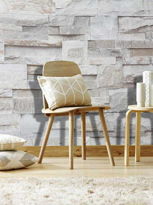 3D Slate Stone Brick Effect Wallpaper Grey Beige Realistic Textured Vintage