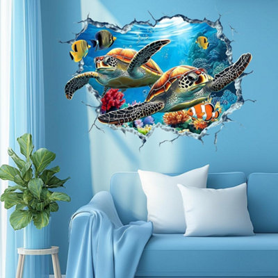3D Under Sea Wall Stickers Ocean Turtle Fish Coral Wall Decals ...