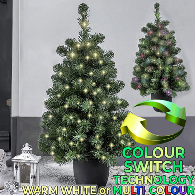 3ft 90cm Pre lit Mini Doorstep Christmas Tree with Colour Switch Tech chose Warm White or