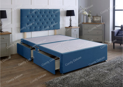 3FT Blue Plush Single Divan Bed Base With Headboard 2 Drawers Same Side