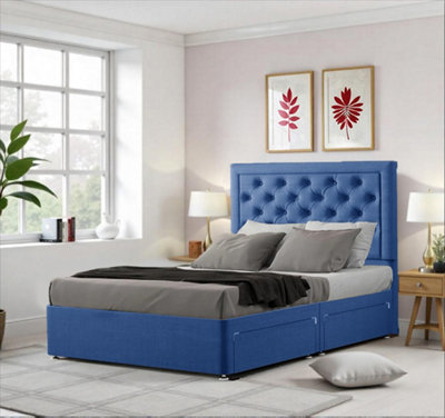 3FT Blue Plush Single Divan Bed Set with 2 Drawers, 26inches Headboard ...