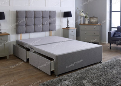 3FT Grey Linen Single Divan Bed Base With Headboard 2 Drawers Same Side