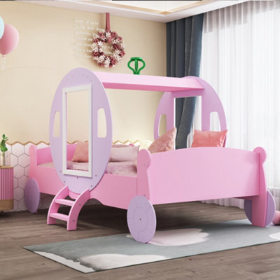 3FT Princess Carriage Kids Toddler Bed , Single Car Bed, Pink, 90x190cm