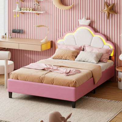 3ft Single Bed Frame with LED Cloud Adjustable Headboard, Upholstered ...