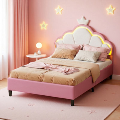 3ft Single Bed Frame with LED Cloud Adjustable Headboard, Upholstered ...