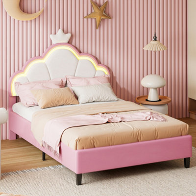 3ft Single Bed Frame with LED Cloud Adjustable Headboard, Upholstered ...